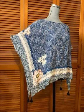 J. Jill | Tops | Blue Floral Boho Poncho Top With Tassels | Poshmark